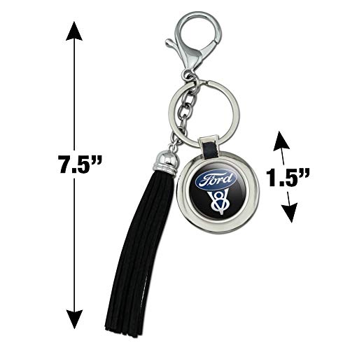 GRAPHICS & MORE Ford Vintage V8 Logo Chrome Plated Metal Round Leather Tassel Keychain
