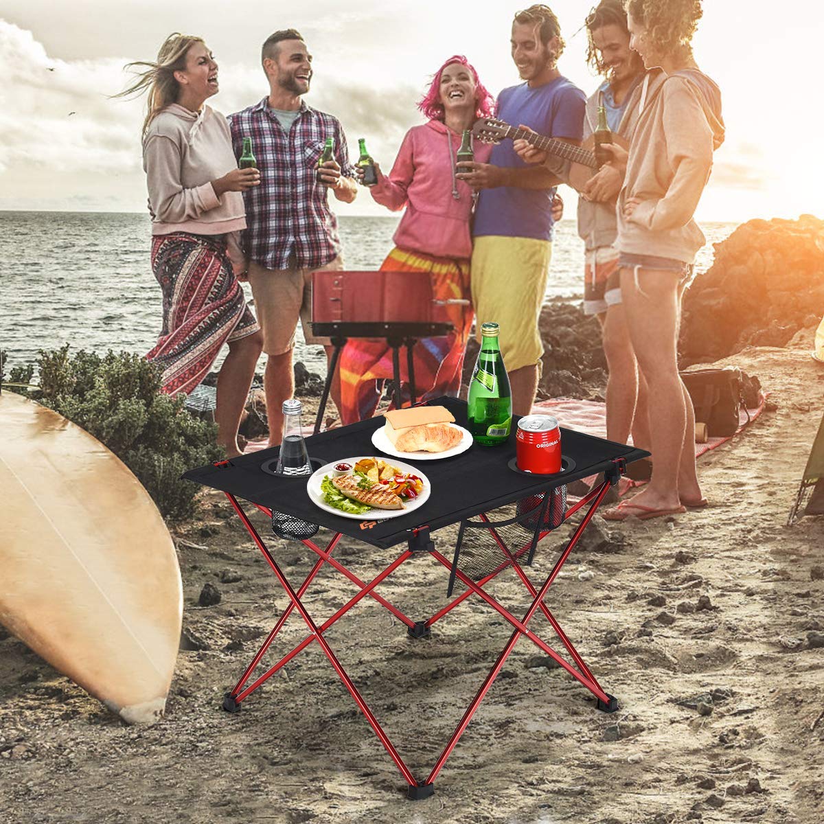 Goplus Portable Camping Table, Lightweight Folding Table with Cup Holders and Carrying Bag, Aluminum Picnic Table Suitable for Camping, Picnic, Outdoor, BBQ, Home