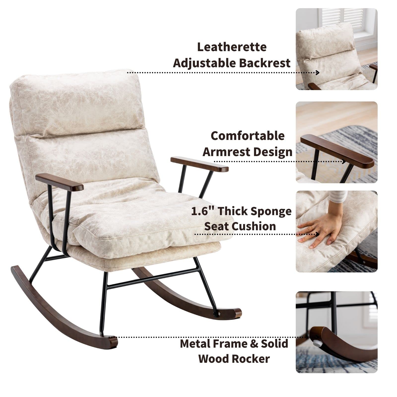HNY Modern Rocking Chair Nursery with Wood Arms, PU Leather Overstuffed Upholstered Glider Rocker Chair with Adjustable Backrest, 22" Wide Armchair for Living Room/Bedroom/Small Space, Cream