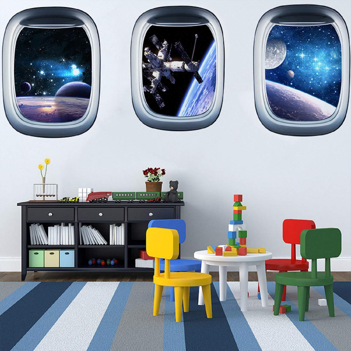 HERRA 3D Planet Universe Galaxy Outer Space Wall Decal Spacecraft Astronaut Wall Stickers, Peel and Stick Removable Space Capsule Window Wall Stickers Wall Mural for Bedroom Living Room Kids Room
