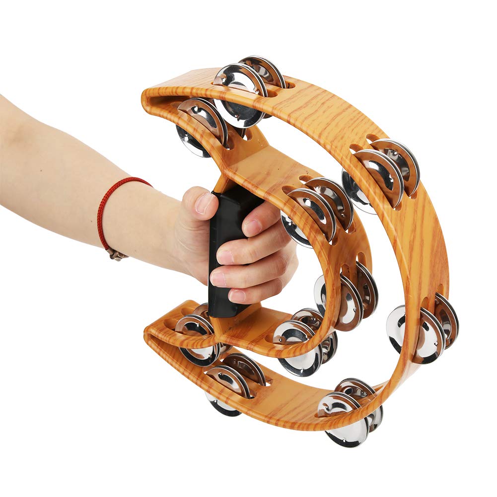 Handheld Tambourine Rattle Double Row Handbell Tambourine Plastic Metal Half Moon Handbell for Musical Education Imitation Wood Color