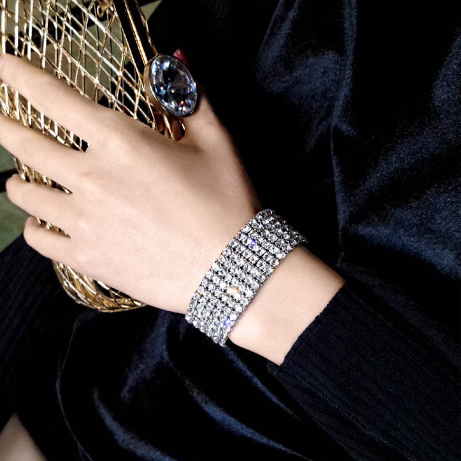 HLIN Rhinestone Bracelet for Women 2Pcs Strand Stretch Silver-tone AB Sparkling Bridal Tennis Bangle