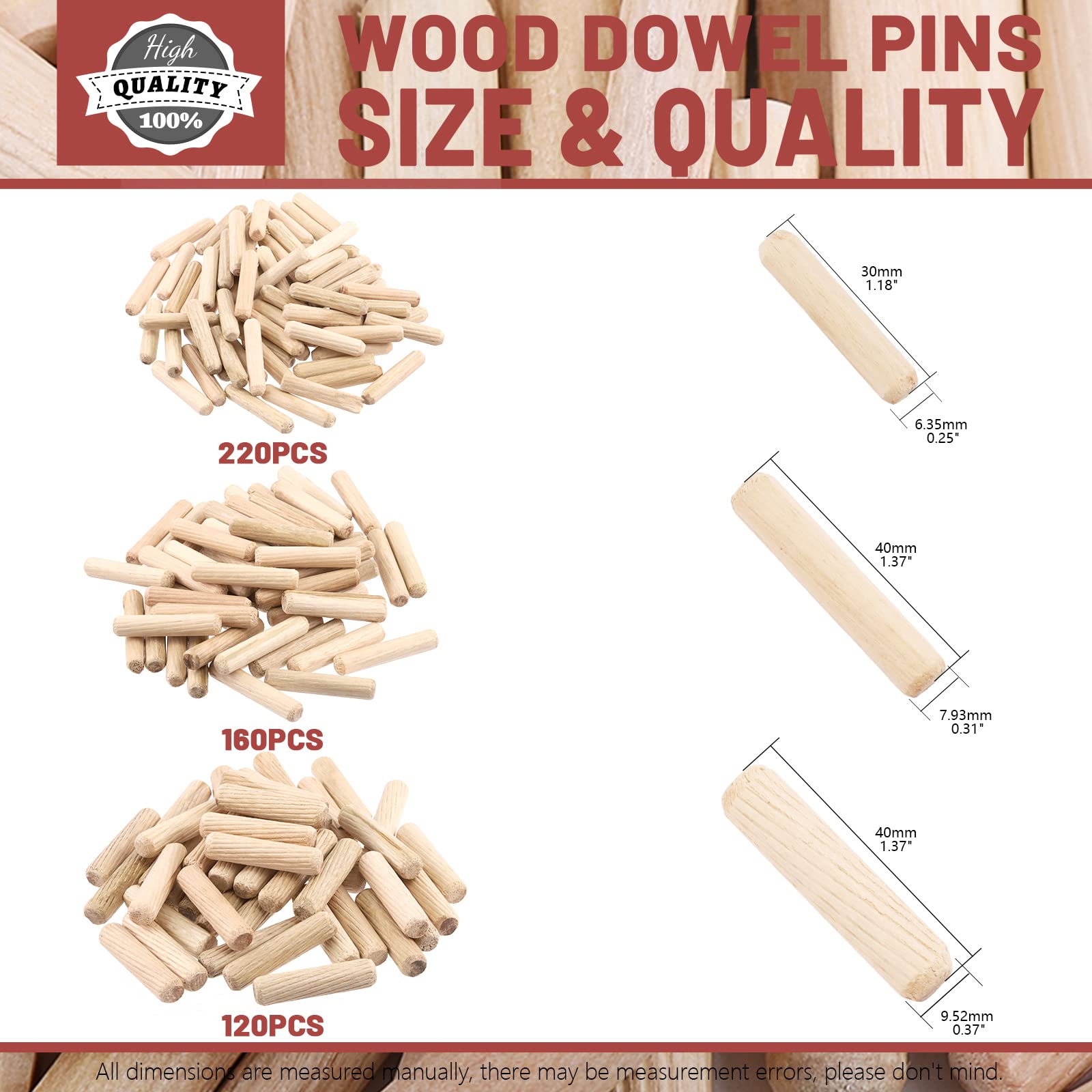 Hilitchi 900Pcs 6mm 8mm 10mm L Fluted Wood Dowel Pins & 1/4β 5/16β 3/8" L Fluted Wood Dowel Pins