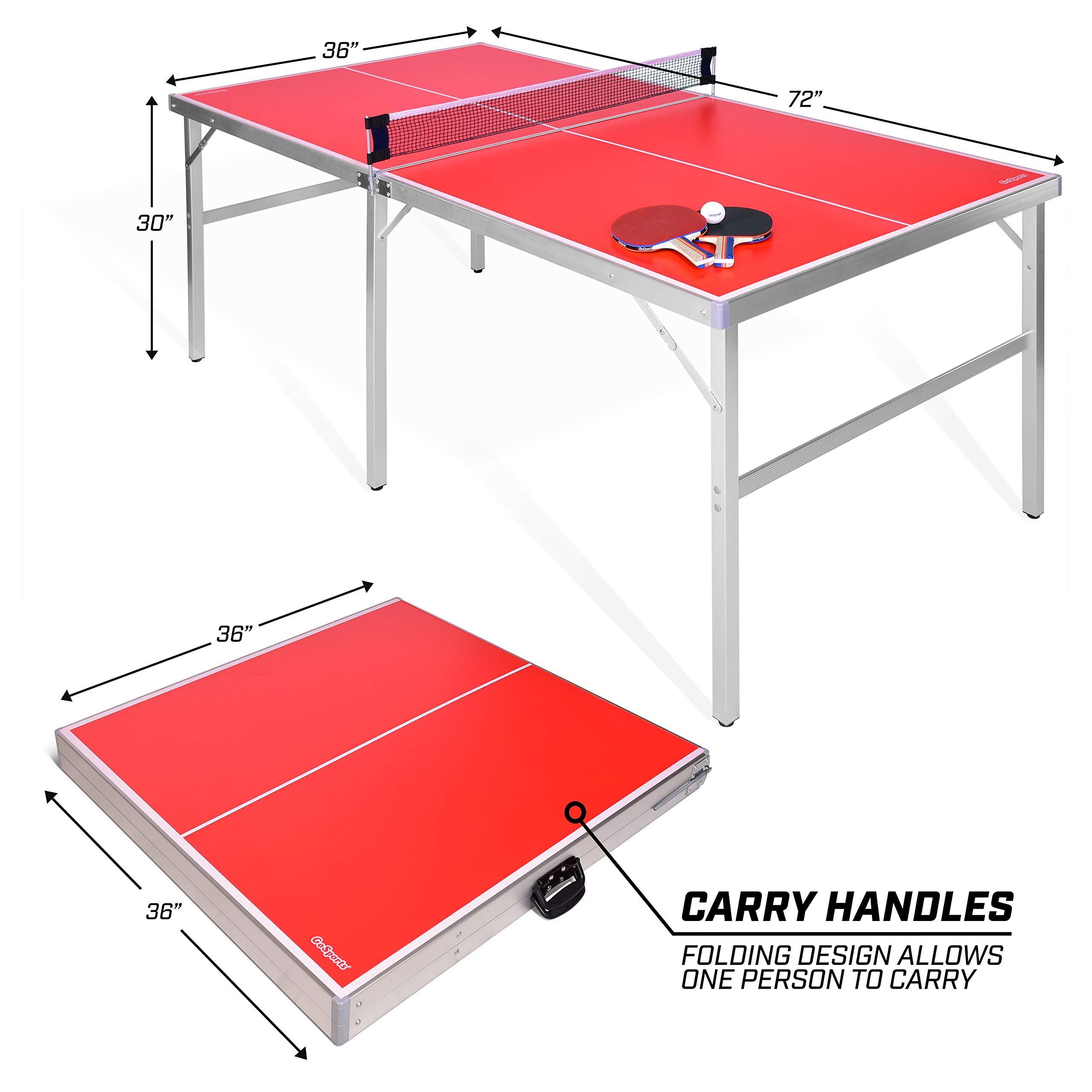 GoSports Mid-Size Table Tennis Game Set - Indoor/Outdoor Portable Table Tennis Game with Net, 2 Table Tennis Paddles and 4 Balls,Red