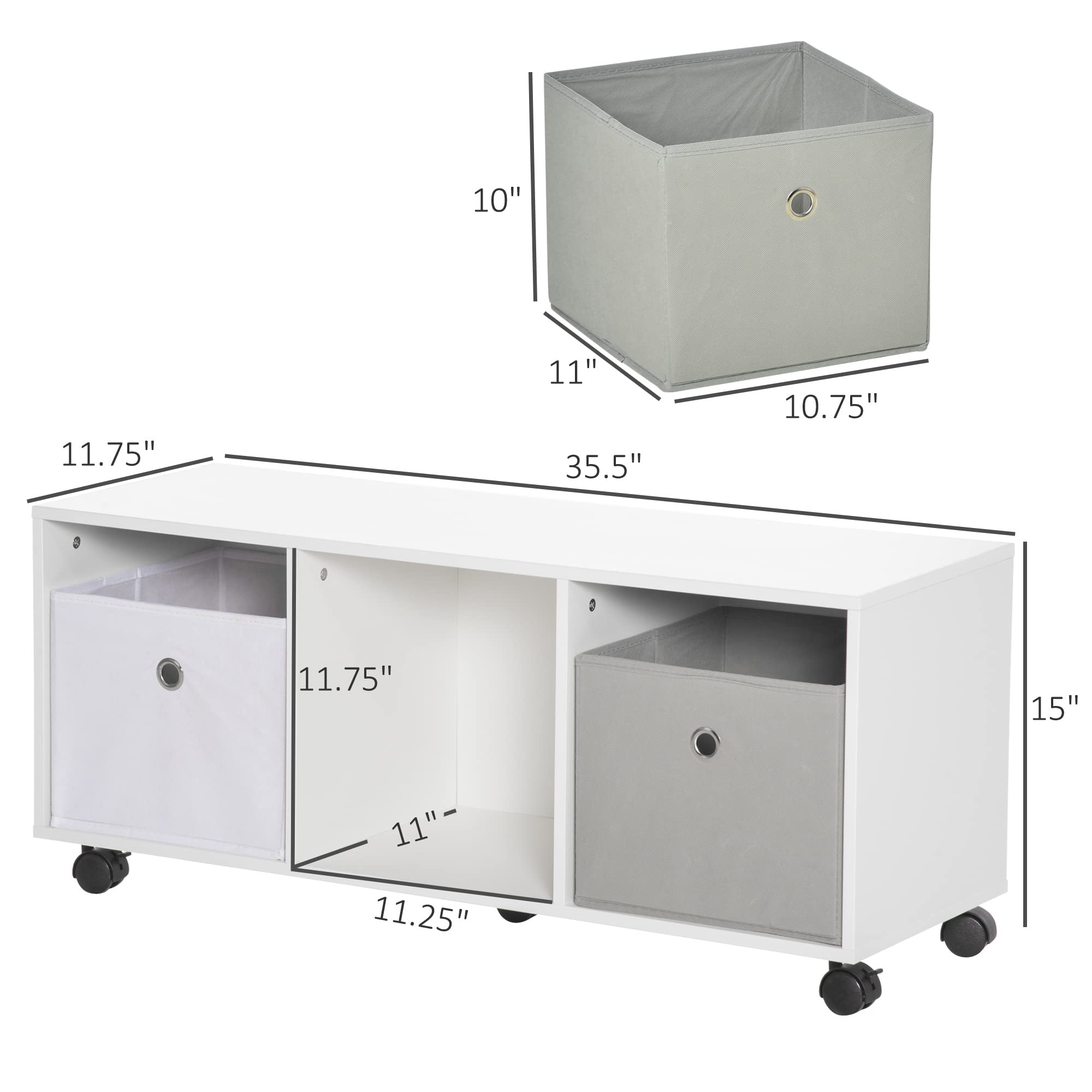 HOMCOM Simple 3 Cube Storage with Wheels, Hidden Pull-Out Toy Bin Kids Cube Storage Unit, Rolling Cubby Storage for Kids Room, Small Toy Storage Organizer Shelves, White