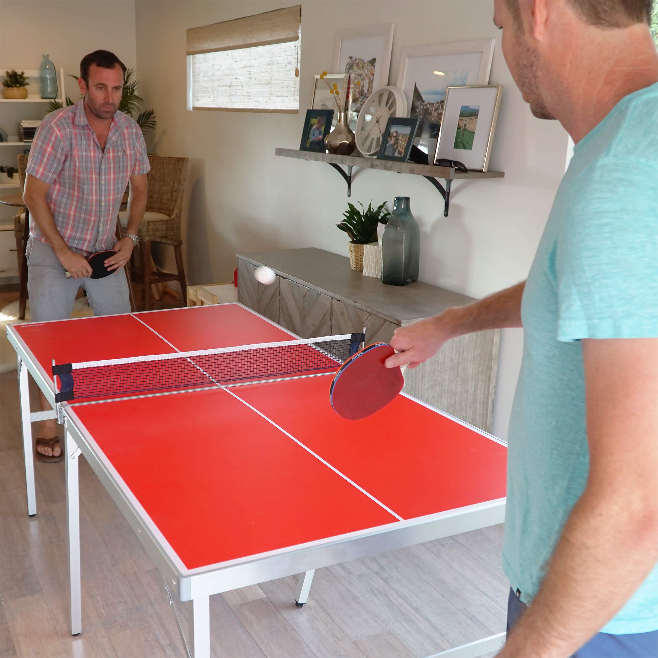 GoSports Mid-Size Table Tennis Game Set - Indoor/Outdoor Portable Table Tennis Game with Net, 2 Table Tennis Paddles and 4 Balls,Red