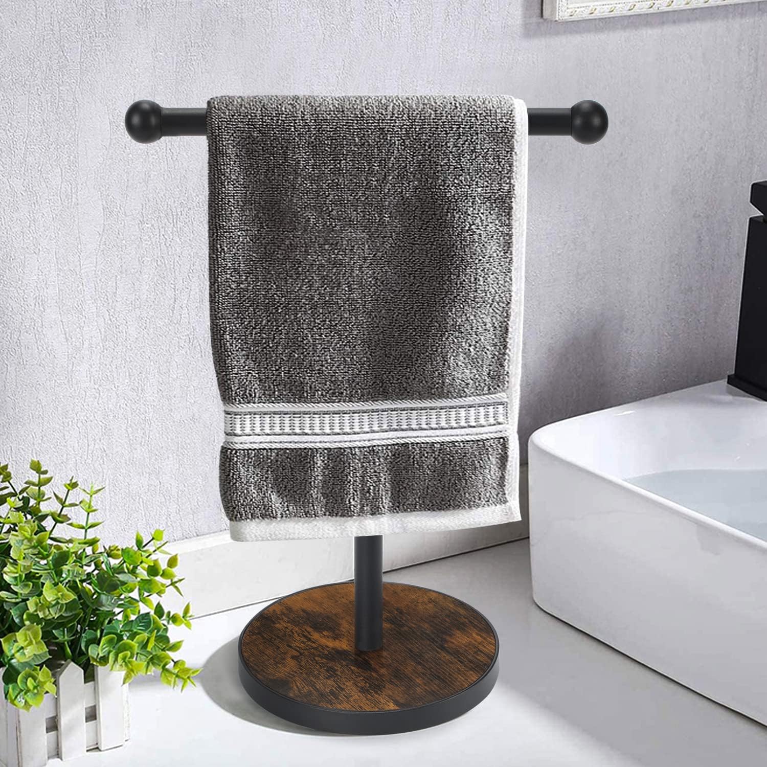 YINMIT Hand Towel Holder Stand, Matte Black T-Shape Free Standing Hand Towel Holder for Bathroom with Heavy Base, Height 15β Wood Countertop Towel Holder for Bathroom Kitchen Countertop Vanity