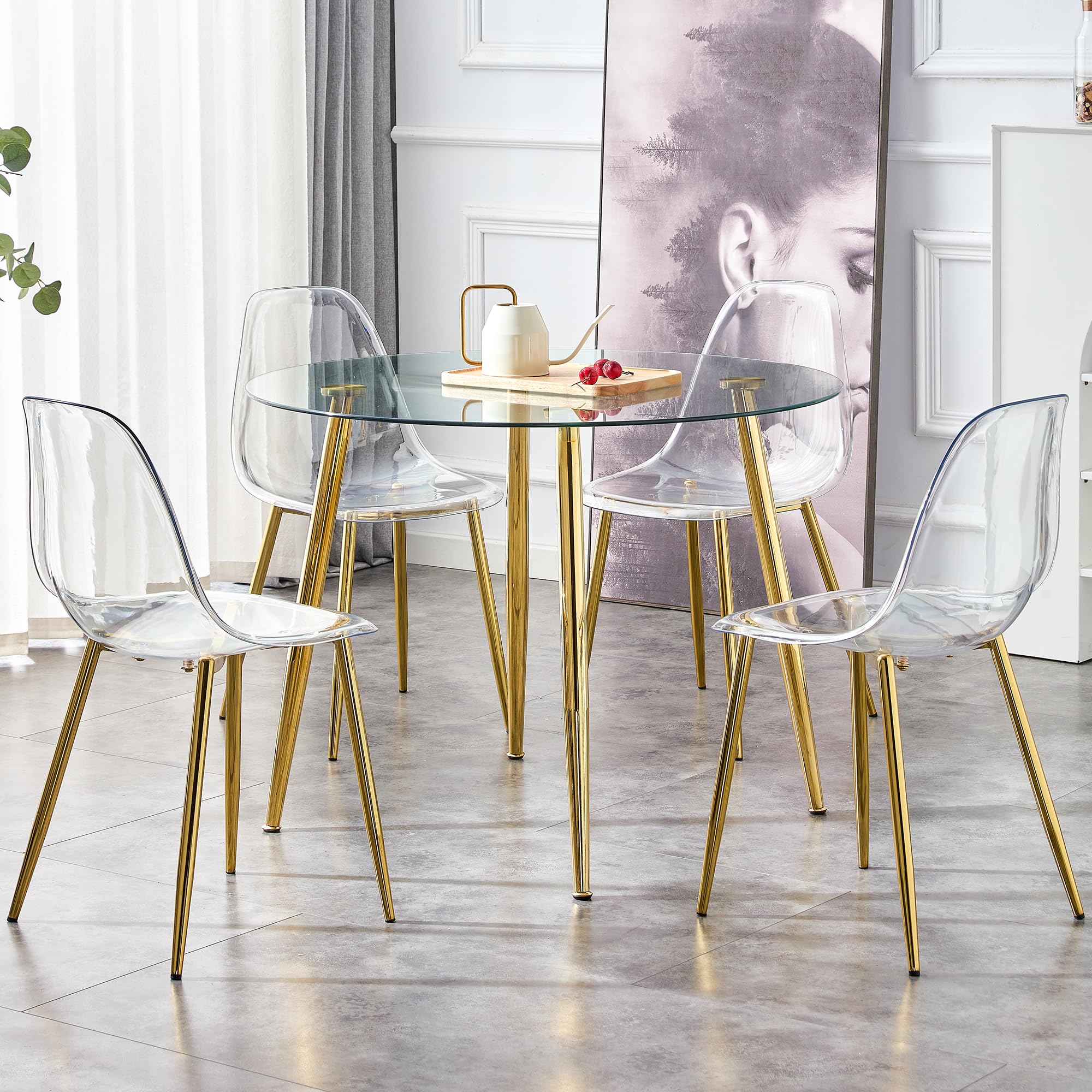 gopop Glass Dining Table Set for 4,5 Piece Round Dining Table Set,Gold Glass Dining Table with 4 White Leather Dining Chairs,Round Kitchen Table Set,Ideal for Apartment Living Room
