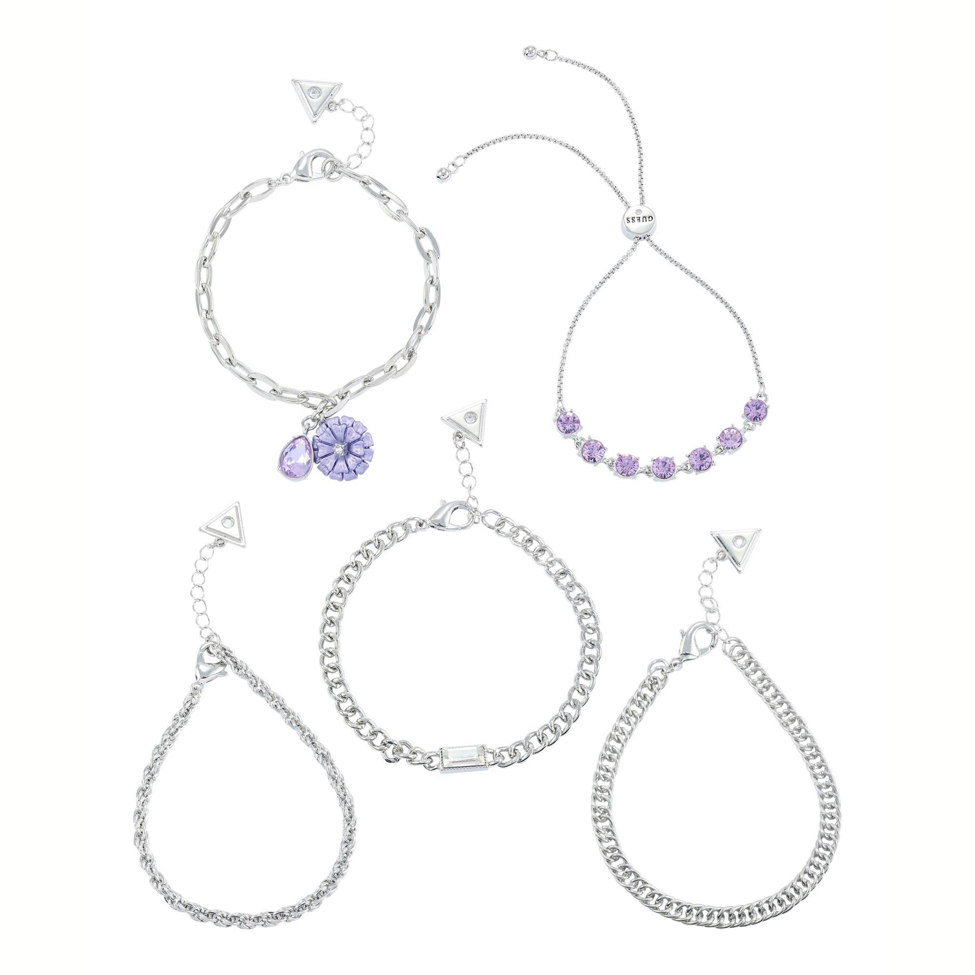 GUESS Silvertone 5 Piece Purple Accented Bracelet Set