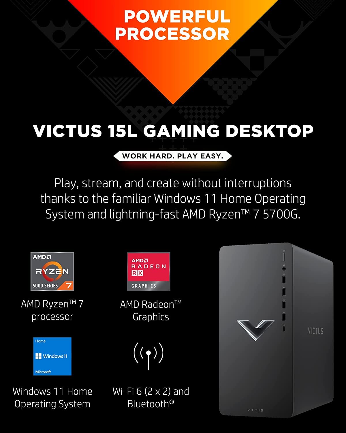 HP Victus 15-inch Gaming Desktop, AMD Ryzen 7 5700G Processor, 64GB DDR4 RAM, 2TB SSD, AMD Radeon RX 6600XT Graphics, Windows 11 Home