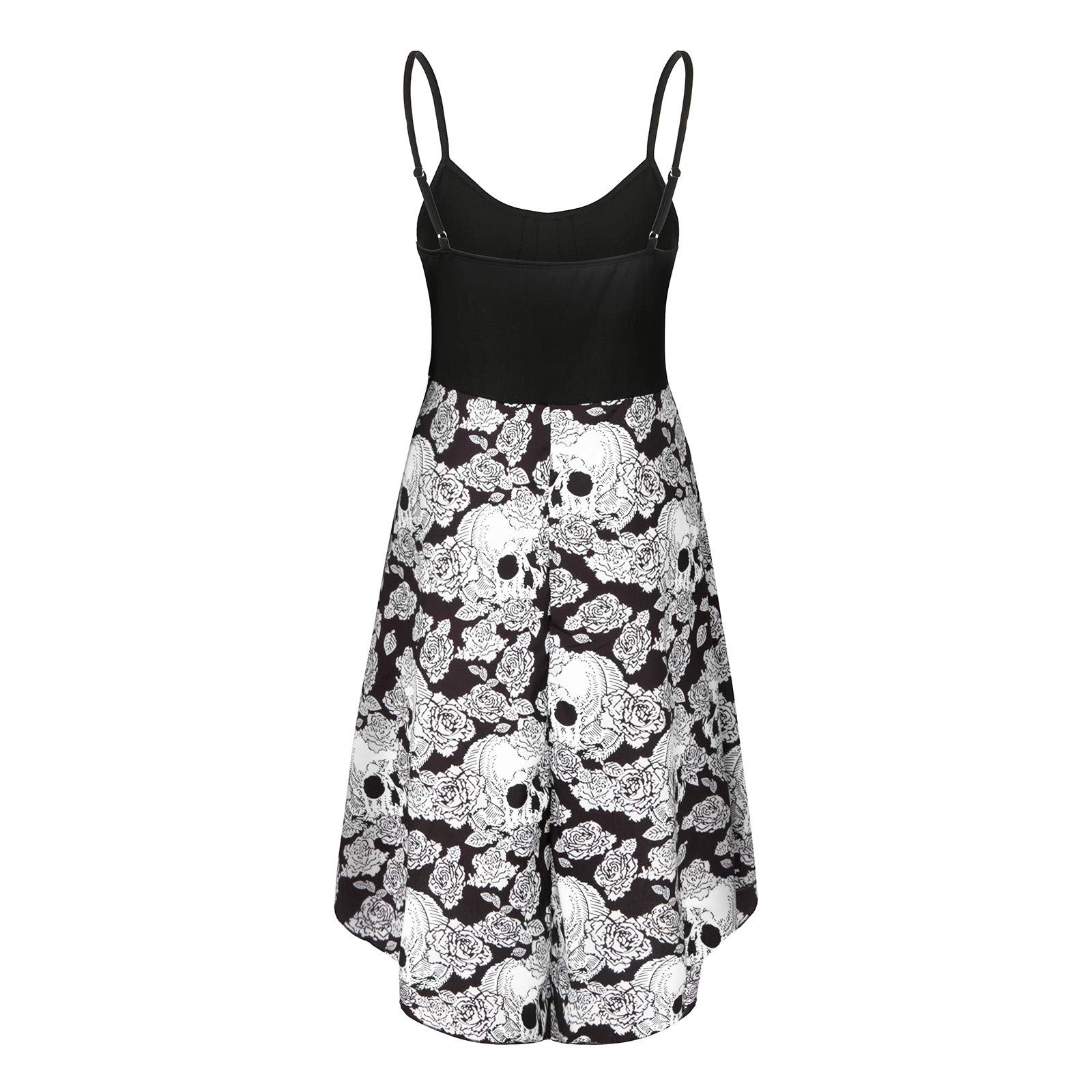 High Waist Sling Dress for Women Patchwork Scoop Neck Floral Skull Printed Swing Dress Black