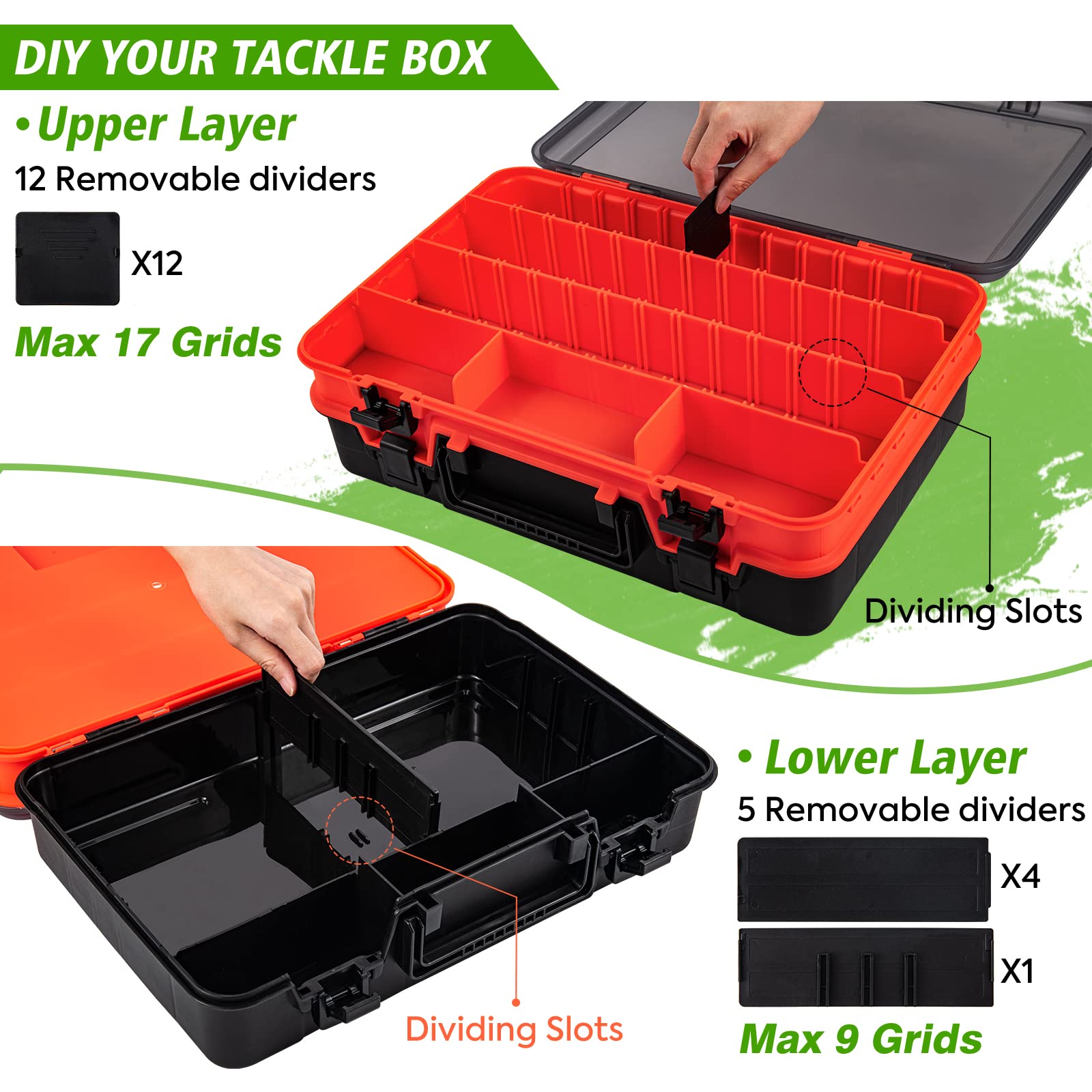 Goture Large Tackle Box with Secure Locks, Adjustable Divider Removable 33 Small Bin Compartments Hardware 15.15'' 10.8'' 3.4'' Box Storage for hook, bait, reel, swivel, Hardware, Screws, Bolts DOUBLE