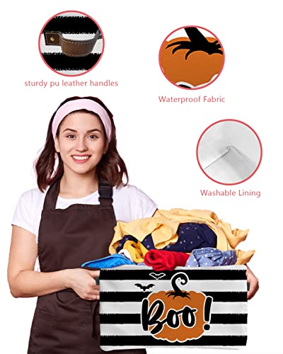 Halloween Storage Basket Waterproof Cube Storage Bin Organizer with Handles, Orange Pumpkin Bat Black White Striped Collapsible Storage Cubes Bins for Clothes Books Toys 15"x11"x9.5"