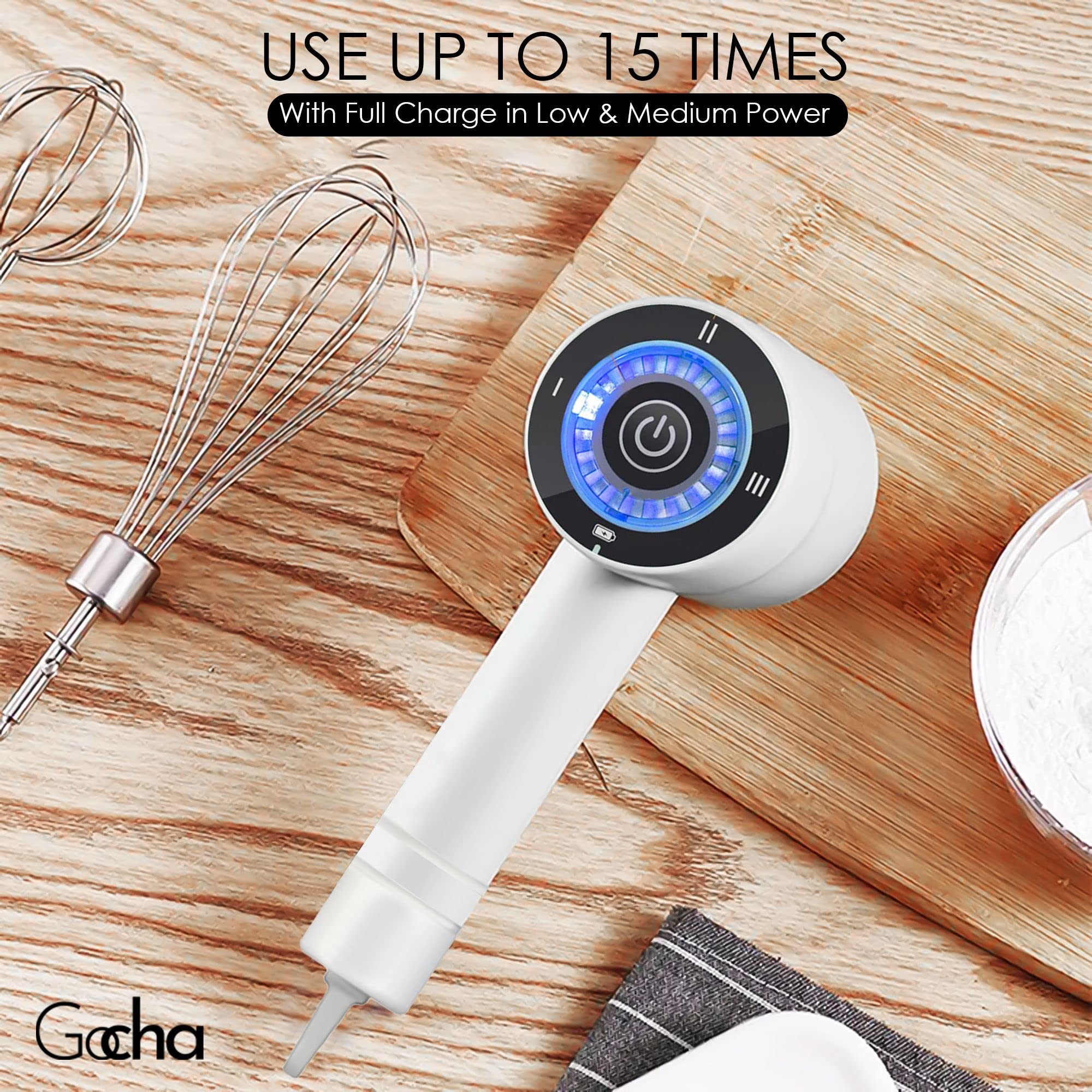 GOCHA Gadgets | Hand Whisk Electric | 3 Speed Handheld Mixer | Two Whisk Mount Baking Mixer | Cordless Electric Hand Mixer For Eggs, Soups, Cream, Batters | Portable, Wireless & Rechargeable (White)