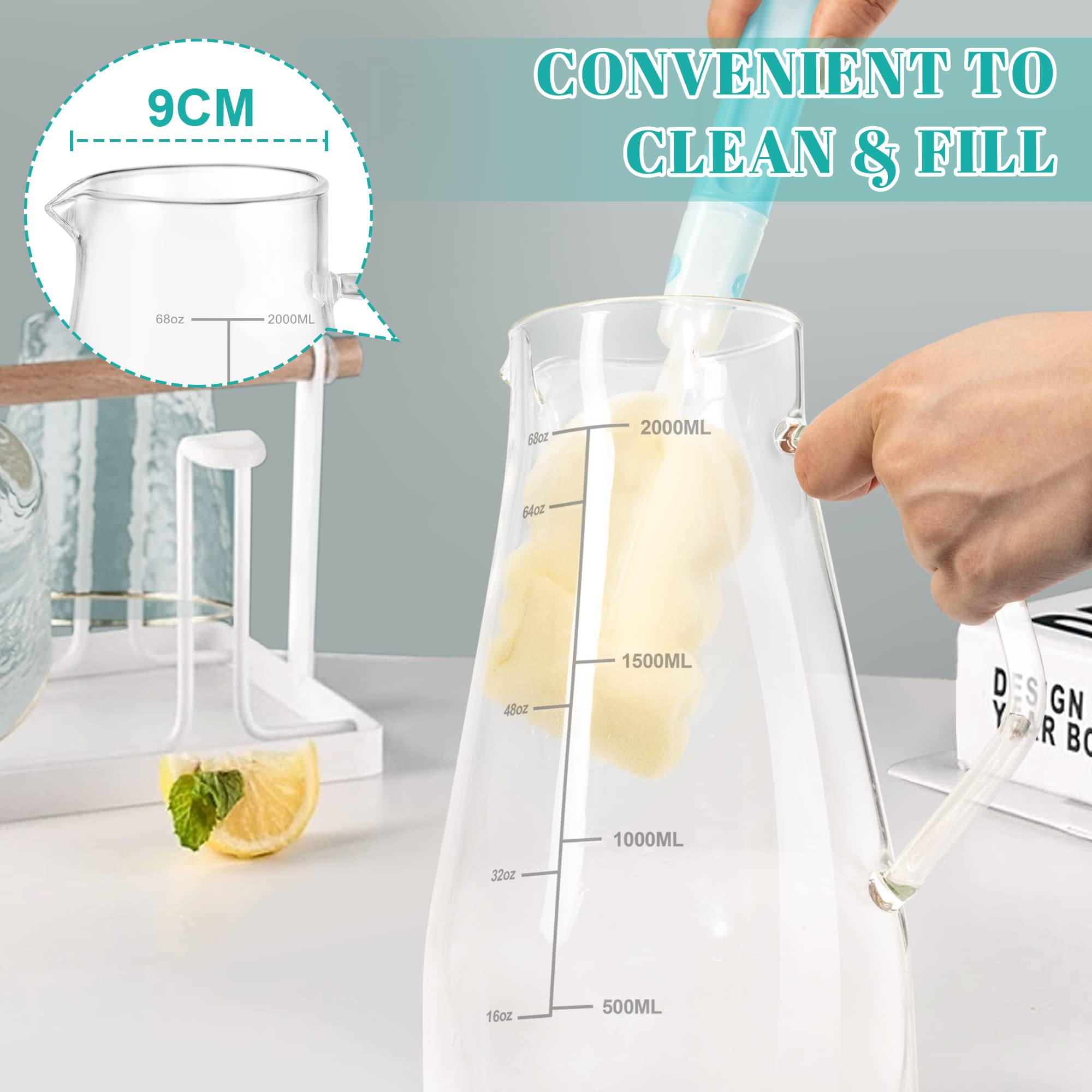 HIHUOS Glass Pitcher with Lid : 68oz Water Pitcher with Precise Scale Line, Easy Clean Heat Resistant Iced Tea Pitcher, Borosilicate Glass Carafe for Juice, Milk, Beverages, Mimosa Bar