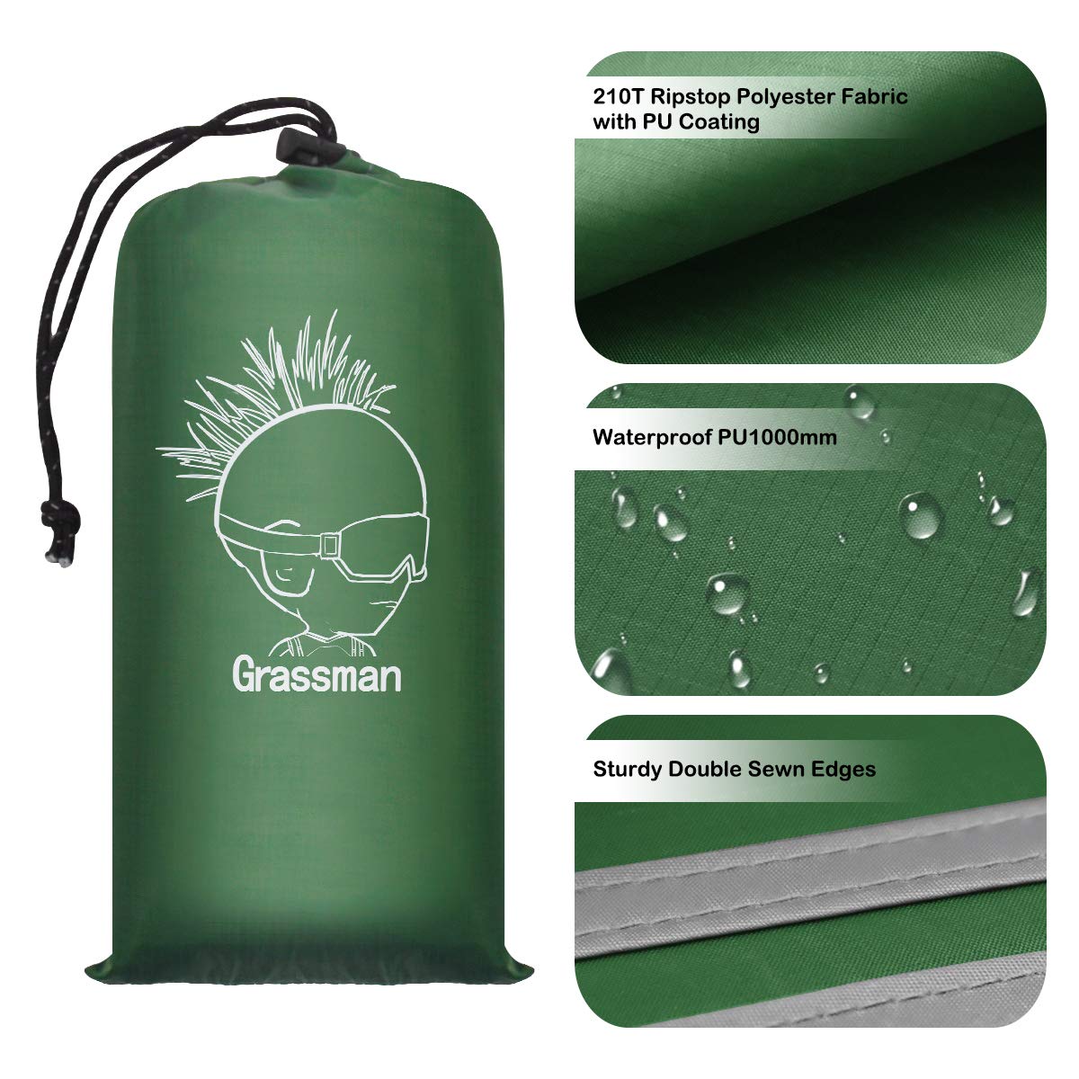 Grassman Tent Footprint, Camping Tarp Lightweight Waterproof with Carrying Bag, Tent Tarp Hiking Ultralight Hammock Rain Tarp Green M