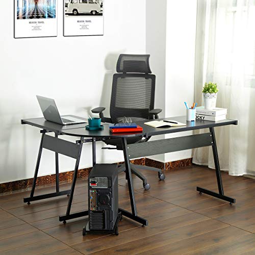 HEEYUE Computer Desk, L-Shaped Large Corner PC Laptop Study Table Workstation Gaming Writing Desk with Keyboard Tray for Home Office - Free CPU Stand - Wood & Metal - Black Wood Grain