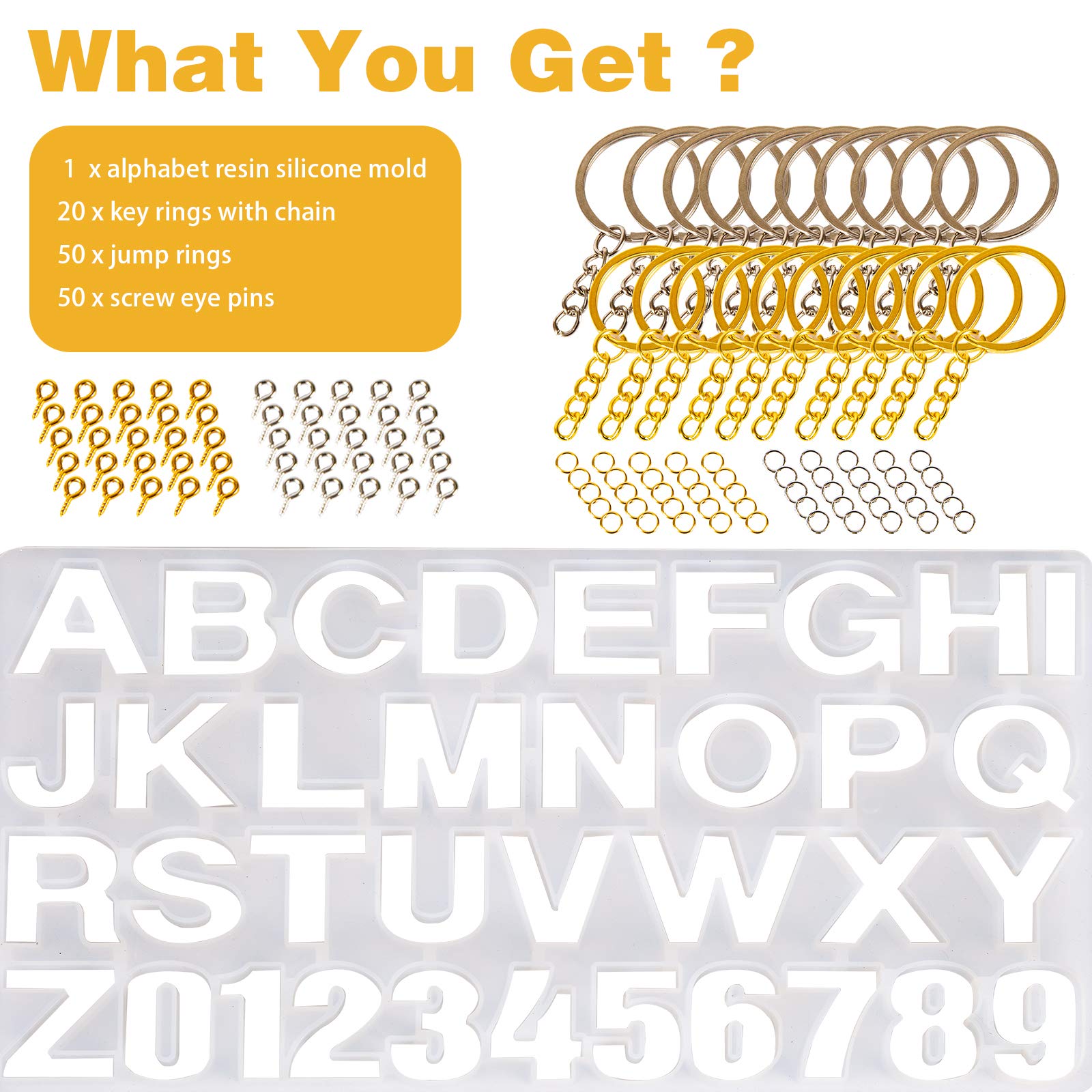 Hayayu Silicone Molds for Resin, Alphabet Letter Epoxy Resin Mold, Backward Keychain Casting Molds Kit for Jewellery Pendants Earrings House Number Making with Key Rings Screw Eye Pins