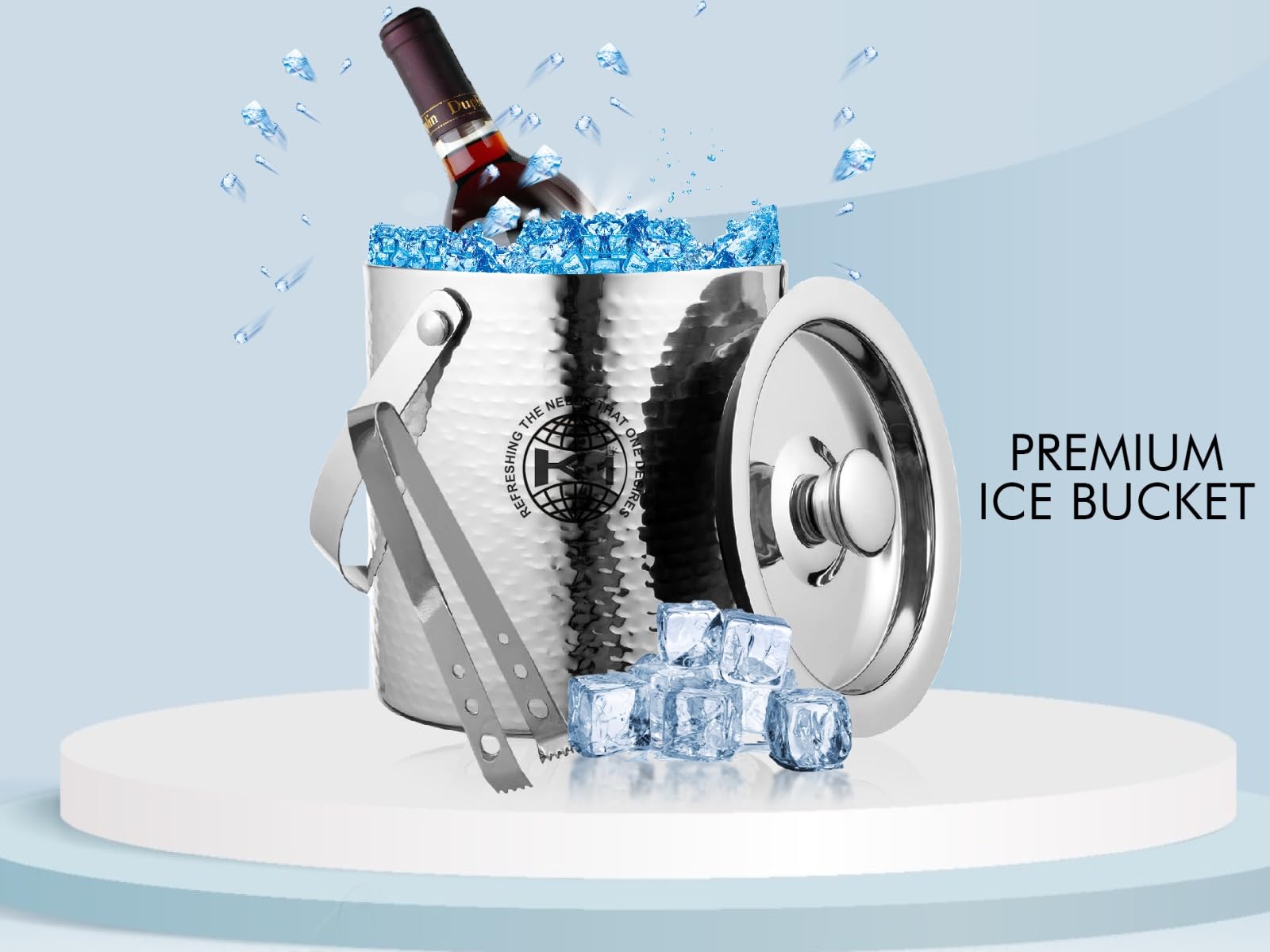 Ice Bucket With Lid, Insulated Hammered Ice Bucket for Cocktail Bar with Ice Tong, Double Walled Stainless Steel, 1.75 L, 1.84 Quarts, Ice Cold For 6 h with Handle (Silver Hammered)
