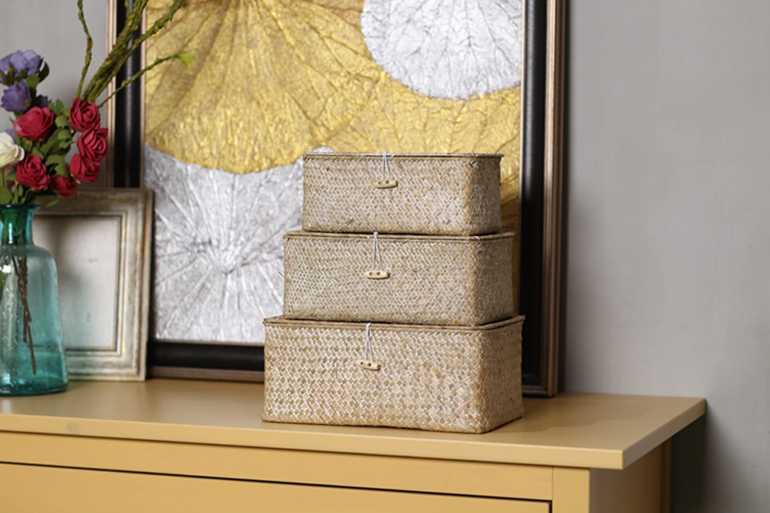 HAPYFURN Seagrass Handmade Woven Storage Basket with Lid Rectangular Natural Rattan Box for Toys Clothes Books Keys Multifunctional Makeup Organizer Set of 3 Shelf Basket