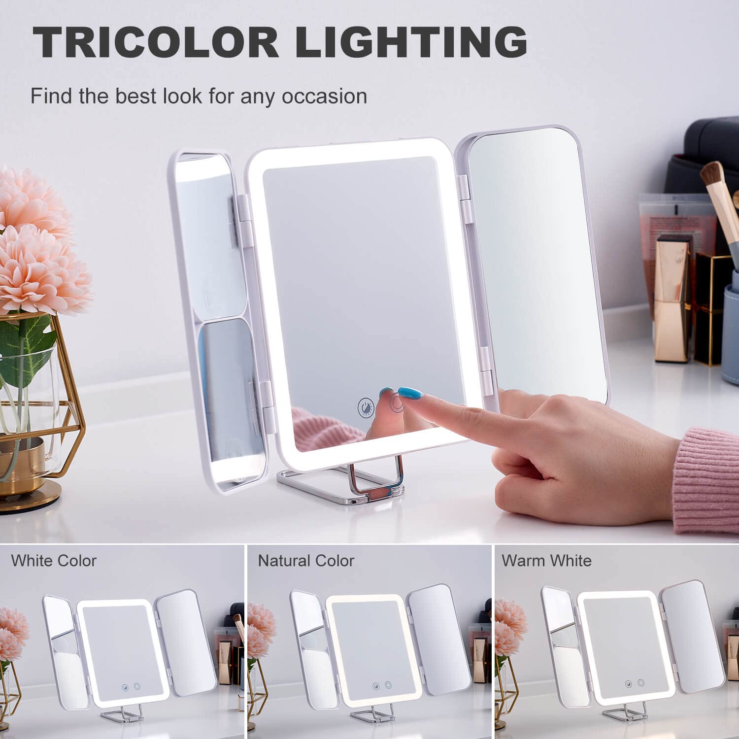 Lighted Travel Makeup Vanity Mirror - 5x6 Inches Tri-fold Mirrors with 3X/7X Magnification,3 Color Light, LED Lights and Touch Control,Adjustable Stand for Tabletop,Office,Travel,Gift (White)