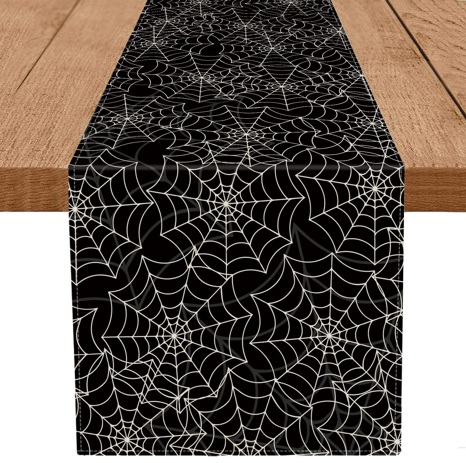 Halloween Table Runner Spider Web Black Linen Table Runners for Seasonal Holidays Indoor Outdoor Kitchen Dining Party Home Decor 13 x 72 Inch