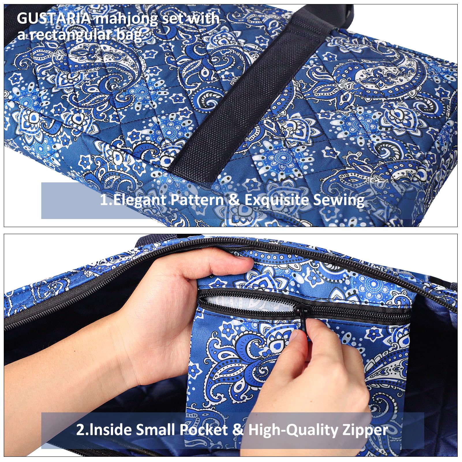 GUSTARIA American Mahjong Game Set, 166 Premium White Tiles, 4 All-in-One Color Rack/Pushers, Complete Mahongg Tile Set Blue Printed Carrying Bag