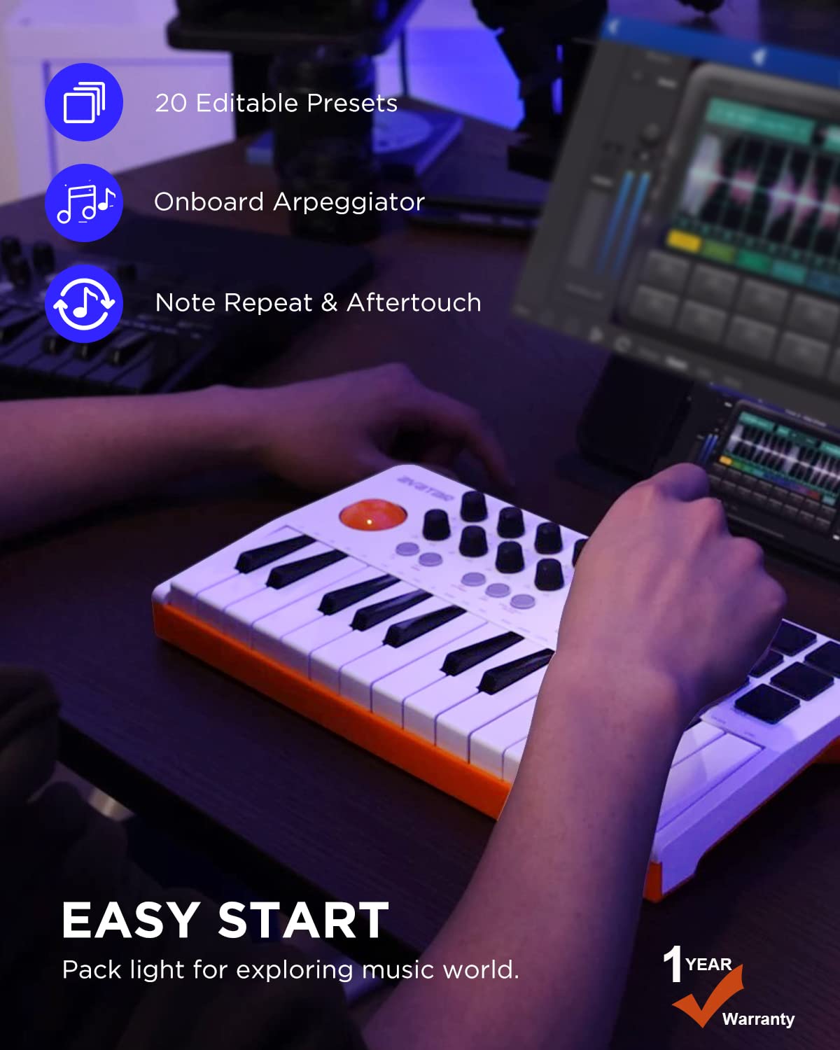 HXW USB MIDI Keyboard Controller With 25 Waterfall Keys, Features BT 5.0, 9 Backlit Drum Pads, 8 Knobs, OLED Display