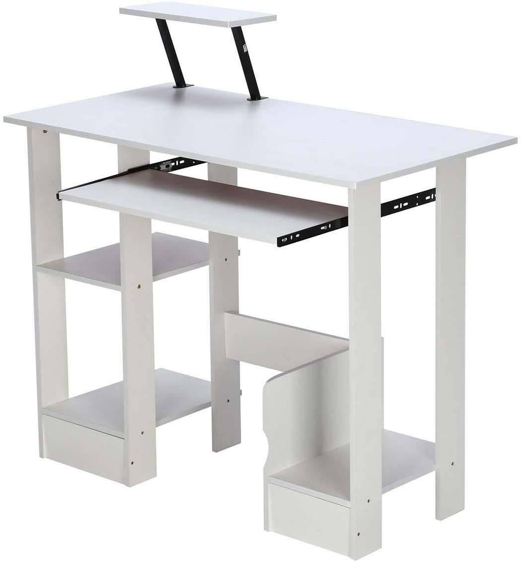 Harapu Strong Bearing Computer Desk, Home Office Storage Shelves Study Workstation Laptop Table, L90 x W48 x H73 cm, Warm White