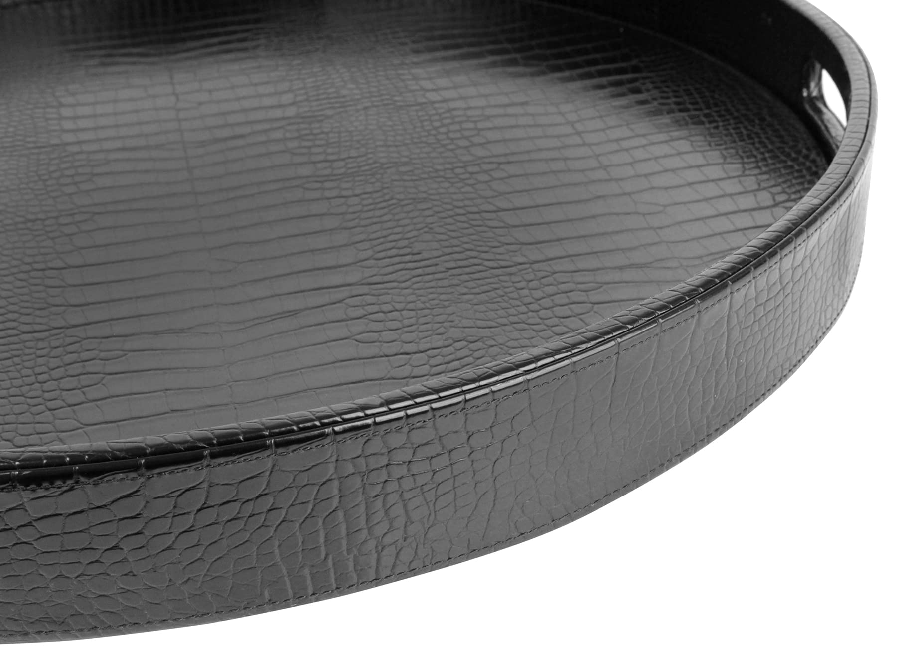 HofferRuffer Extra Large Round Serving Tray, Elegant Faux Leather Circle Ottoman Table Tray with Handles, Serve Tea, Coffee or Breakfast in Bed, Diameter 23.6 x 2.4 inches Height (Black)