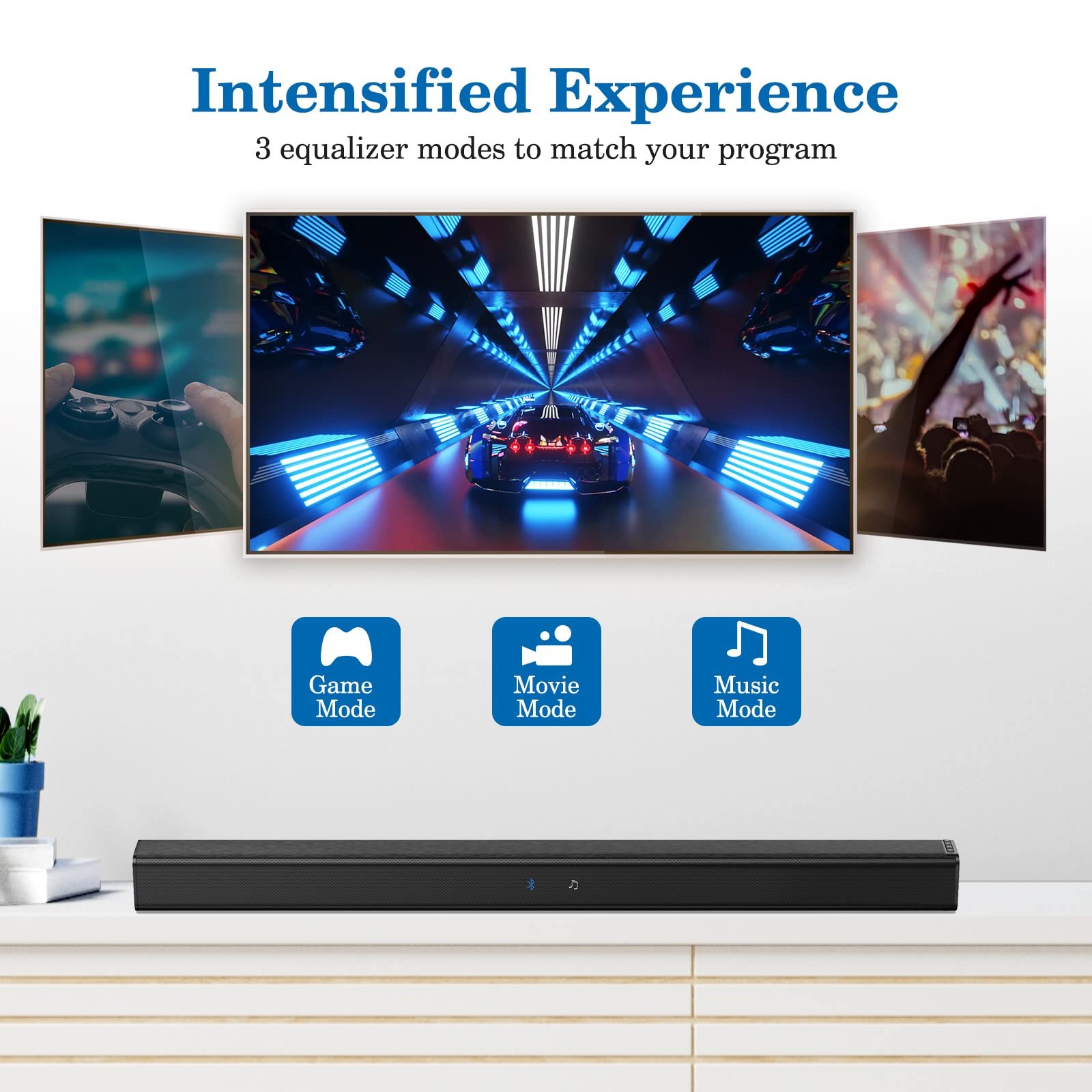 Hsoipn TV Soundbar, Wired & Wireless Bluetooth 5.0 Stereo Sound bar for TV, Three Equalizer Mode Audio Speaker for TV, Optical/Aux/RCA Connection, Wall Mountable, Remote Control