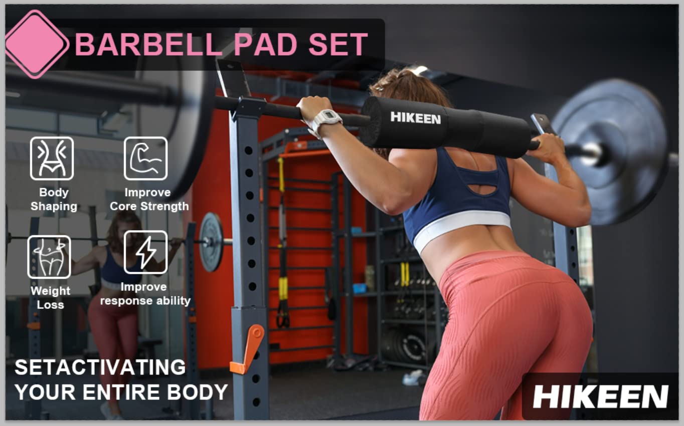 Hikeen Barbell Pad Set with Weight Lifting Straps, 13PCS Upgraded Barbell Squat Pad for Hip Thrusts,Leg day, Standard Olympic Bars with 2 Lifting Straps, 2 Ankle Straps, 5 Resistance Bands, Reflex Ball,Barbell Foam Pad, Carry Bag