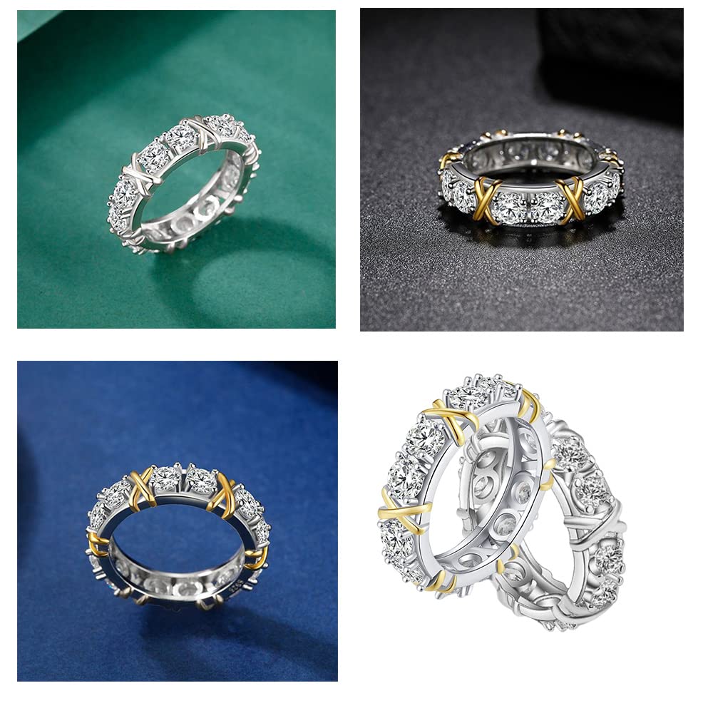 GOVVI 925 Sterling Silver Cross Full Moissanite Diamond Ring,Sterling Silver X Criss Cross Ring,Moissanite Sterling Silver Diamond Rings (White Gold,9)