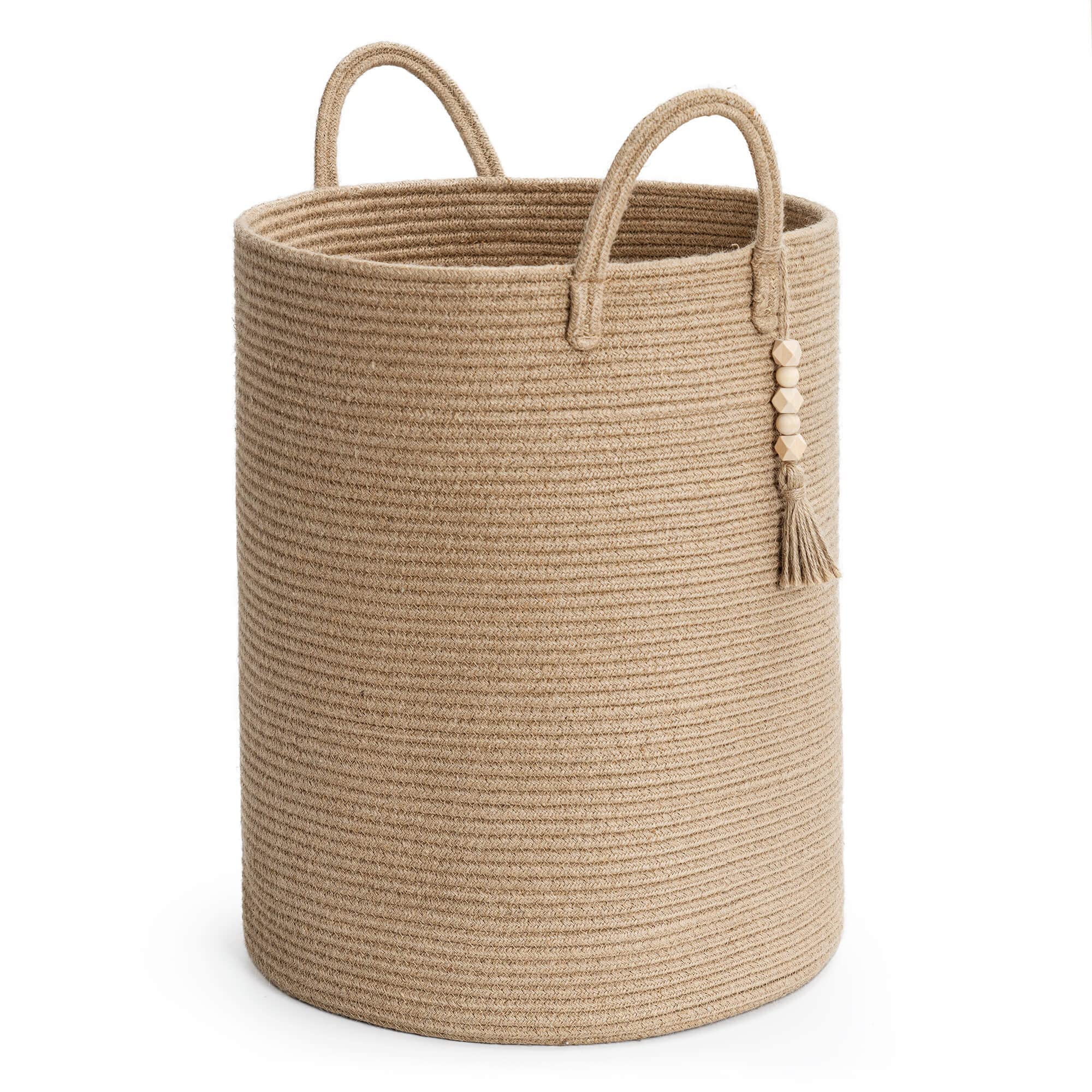 Goodpick Jute Woven Blanket Basket Decorative Storage Basket for Towels, Shoes, Toys, Tall Laundry Basket for Living Room, Bedroom, Round Wicker Basket 16 x 20 Inches, Black and Jute
