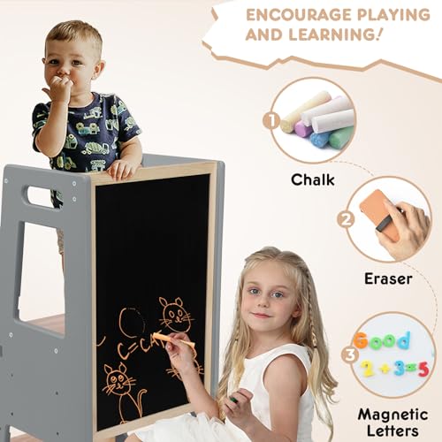 HARPPA Toddler Kitchen Stools Helper with Adjustable Height and Anti-Slip Protection, Kids Standing Tower with Safety Rail, Toddlers Step Stool with Learning Chalkboard Gray