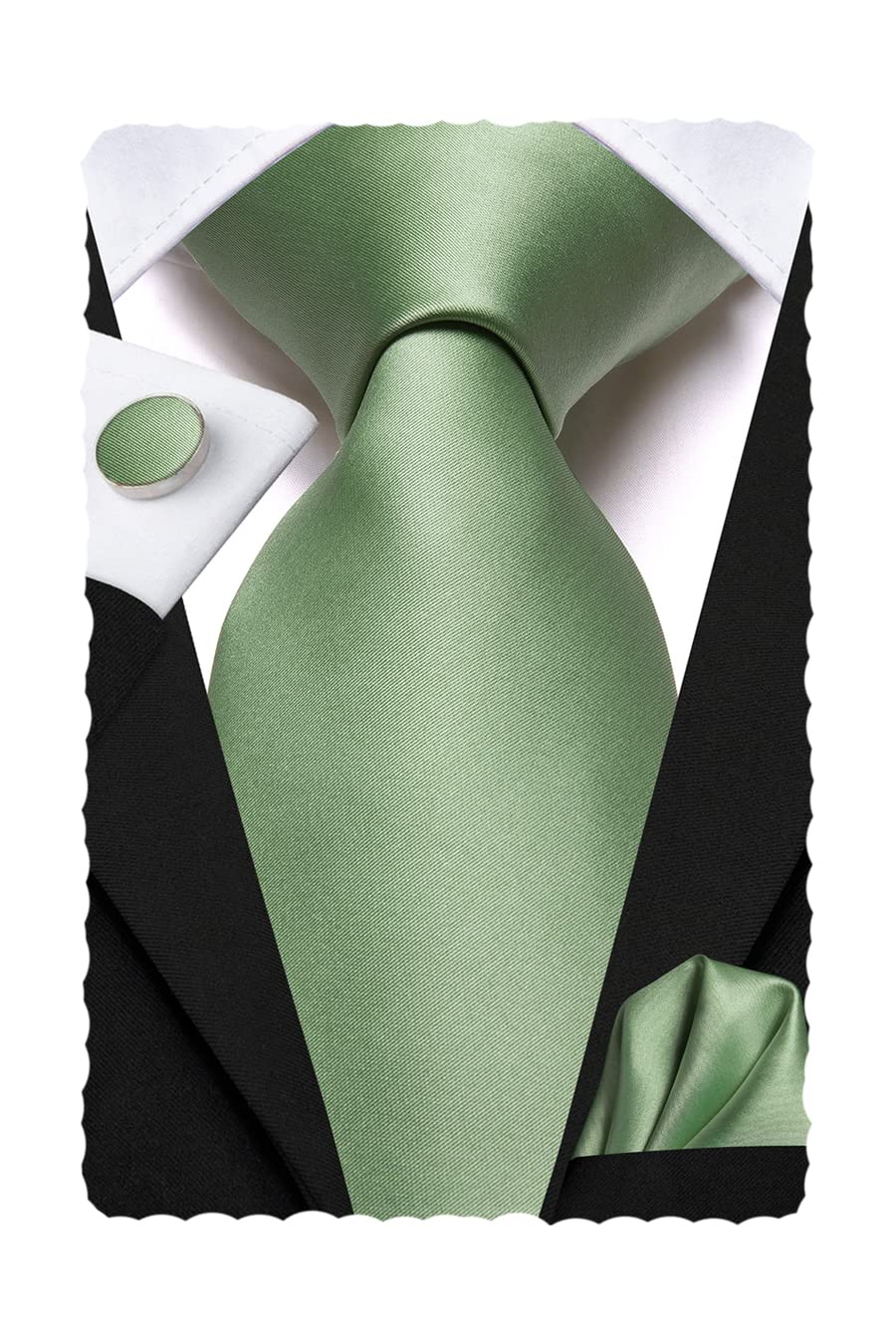 Hi-Tie Men Ties Sets Silk Stripe Paisley Necktie Pocket Square Cufflinks for Business Wedding,Sage Green