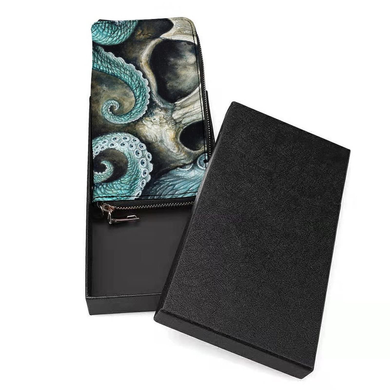 Octopus and Skull Women’s Long Wallet PU Clutch Purse with Wristlet Strap Zipper Mini Handbag