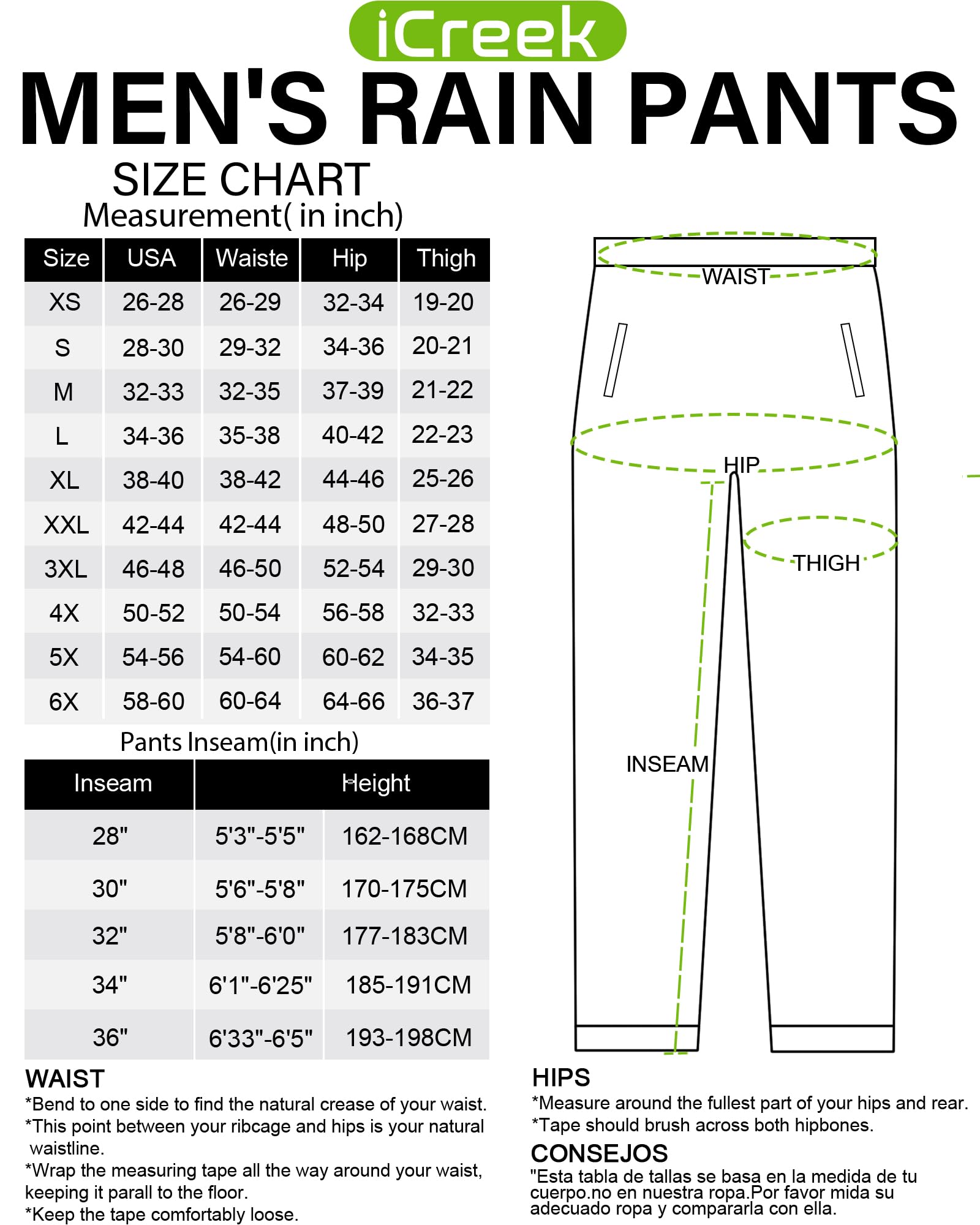 iCreek Men's Rain Pants Waterproof Over Pants Windproof Lightweight Hiking Pants Work Rain Outdoor for Golf, Fishing (Black, Medium/28 Inseam)