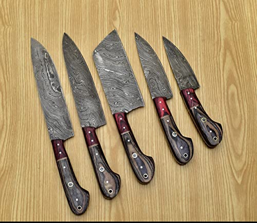 Hand Forged Chef Knives Kitchen Set Damascus Steel Knives Handmade Knife Set,Professional Chef Knives Set Vegetable Meat Cooking Knife Tools Accessories with Beige Solid Wood Handle,5 Pieces Set Knife