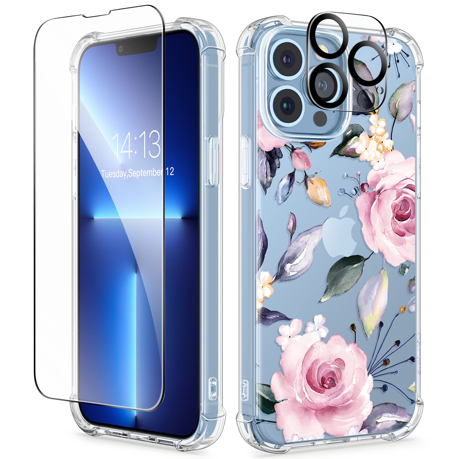 GVIEWIN for iPhone 13 Pro Max Case with Screen Protector + Camera Lens Protector, Soft Shockproof Clear Floral Phone Protective Case Cover for Women Girls, Flower Pattern Design (Rose Aroma/Pink)