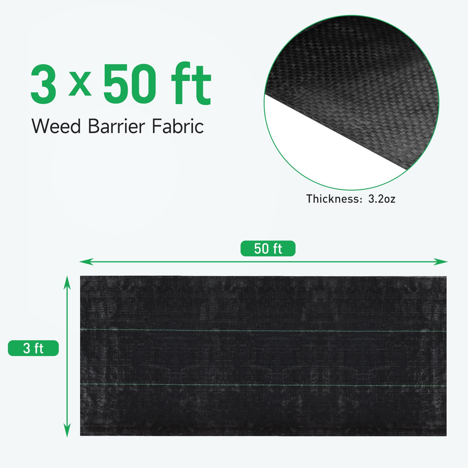 GreatBuddy 3x50ft Weed Barrier Landscape Fabric Heavy-Duty, 3.2oz High-Density Woven Landscape Fabric for Garden, Yard, Garden Bed, Pathway Weed Control, Easy Setup