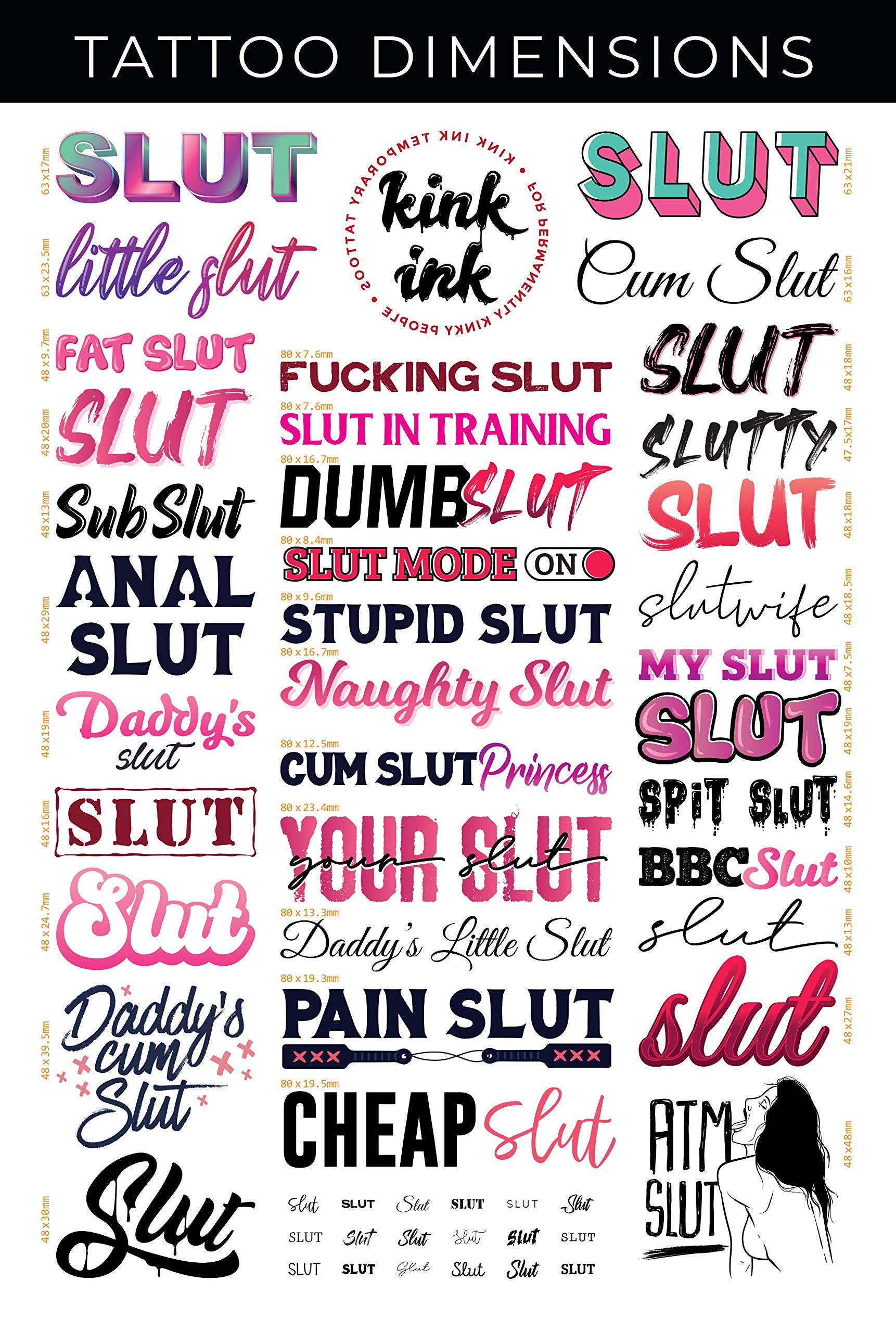 Kink Ink - 34 x "Slut" Temporary Tattoo Kinky A4 Sheet