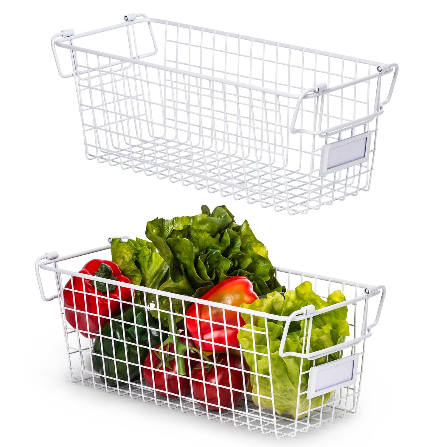 Granrosi Stackable Wire Baskets for Organizing - Set of 2 White Wire Storage Baskets with Handles; Freezer Baskets; Snacks & Chips Organizer for Pantry