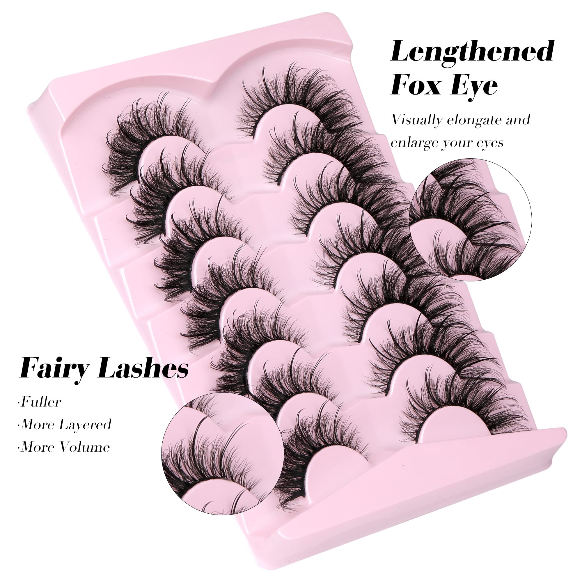 Lanflower False Lashes Fox Eye Eyelashes 8D Curl Fluffy Fairy Strip Lashes Dramatic Full Volume Faux Mink Lashes 7 Pairs