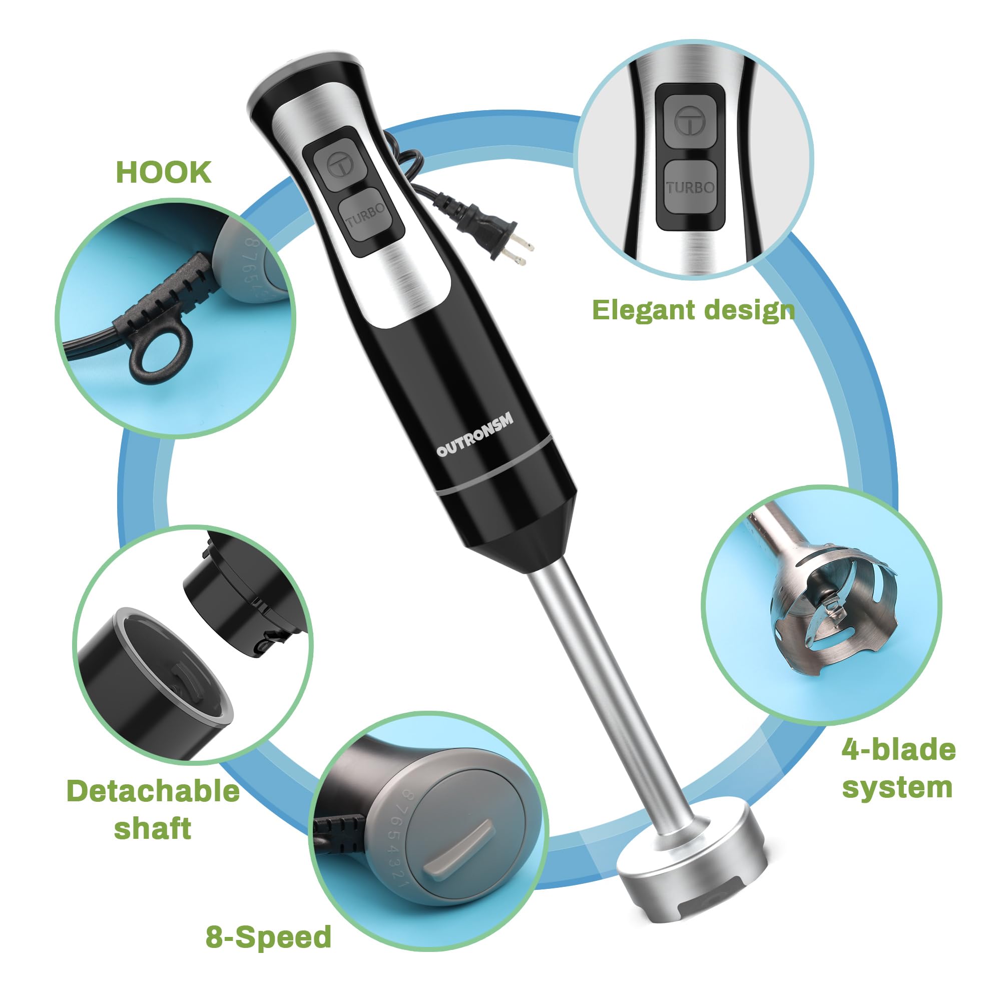Immersion Blender Handheld, OUTRONSM Hand Blender with 4-point thickened SS blades, Milk Frother, Egg Whisk for Coffee Milk Foam, Puree Baby Food, Smoothies, Sauces and Soups โ Black
