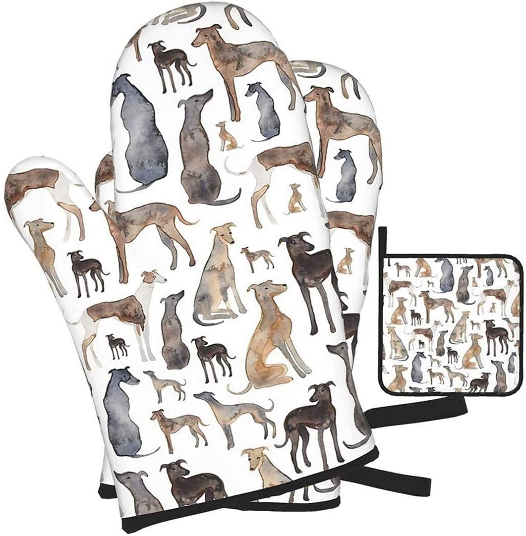 JKKL Greyhounds Wippets and Lurcher Dogs Pattern,3pcs Oven Mitts and Pot Holders for Kitchen,Cooking,Baking,Grilling,BBQ