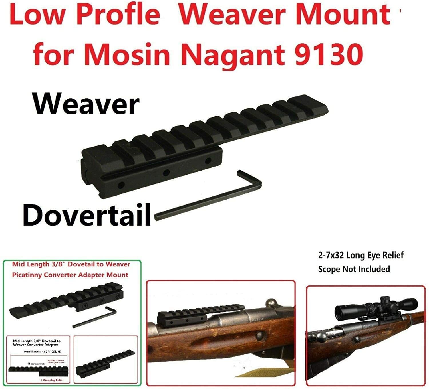 Gotical Low Profile Mosin Nagant 91/30 Scope Mount Weaver Picatinny Rail Mid Length (Pack of 2 - Scope Ring with Rail)