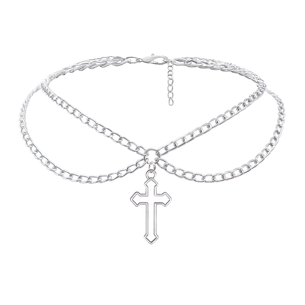 HMIXN Layered Choker Cross Necklace Silver Chain Simple Punk Cross Pendant Gothic Collar Handmade Statement Chunky Chains Necklaces for Women