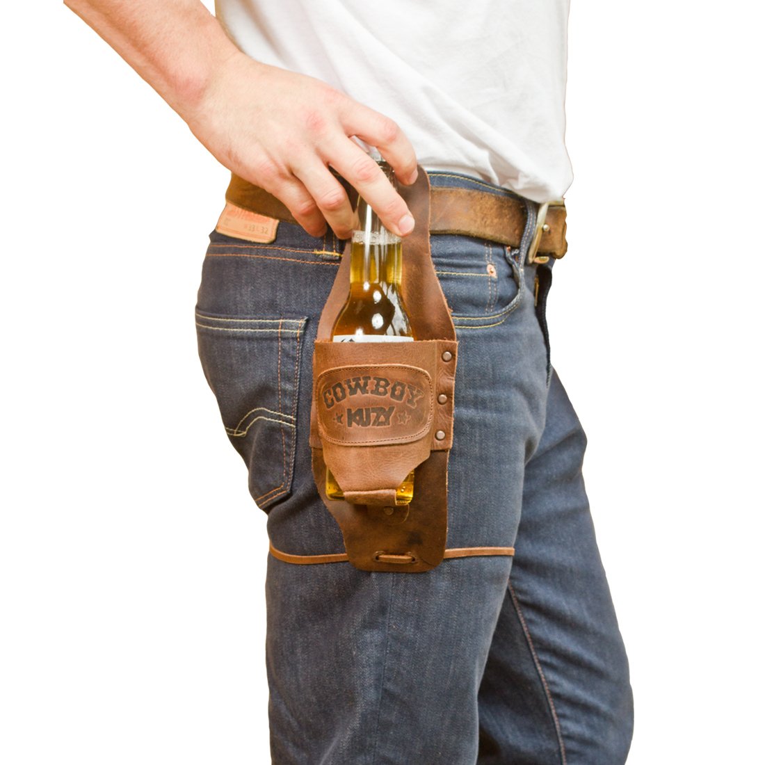 Hide & Drink, Beer Holster for Cowboy, Handsfree Beverage Holder, Western Bottle Leg Grip for Men and Women, Full Grain Leather, Handmade Drinking Accessories, Bourbon Brown