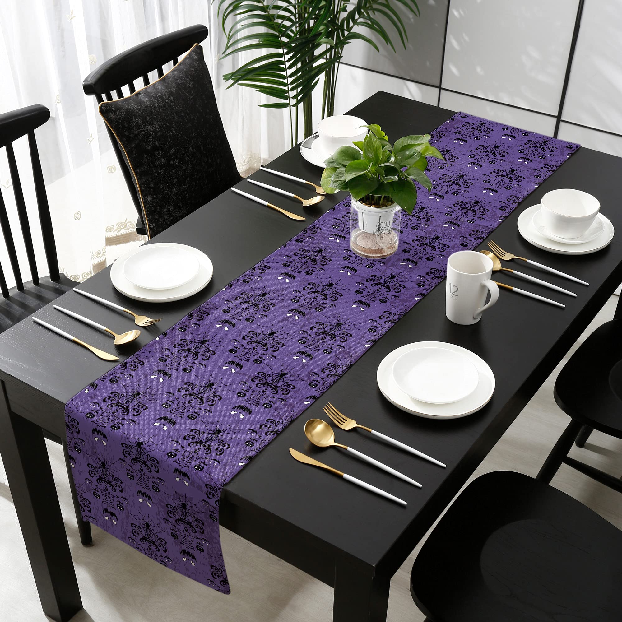 Halloween Table Runner for Dining Table Coffee Table Home Kitchen Decorative Haunted Ghost House Mansion Spider Cotton Line Table Linens for Indoor Outdoor Party/Holiday/Wedding/Gathering13x70inch